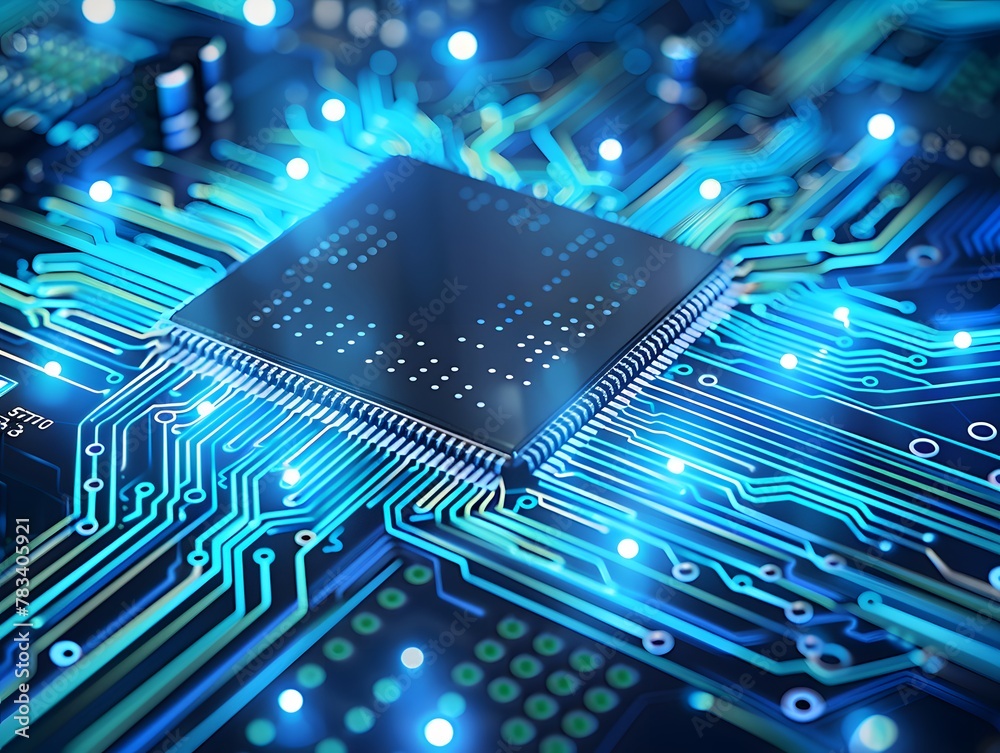 microchip semiconductor technology plug in circuit board motherboard computer with blue neon ...