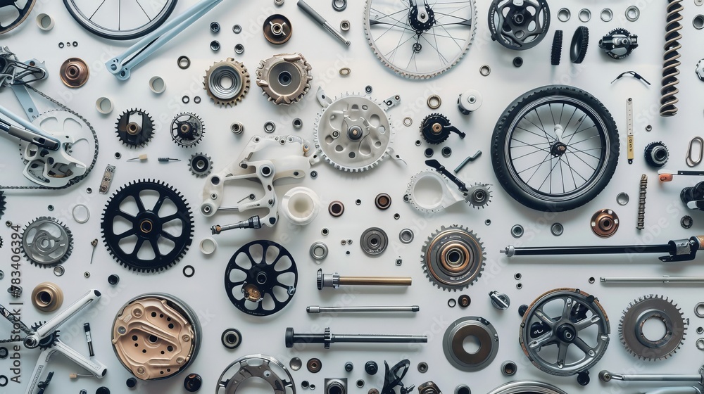 Disassembled bicycle parts are carefully arranged in a display on a ...