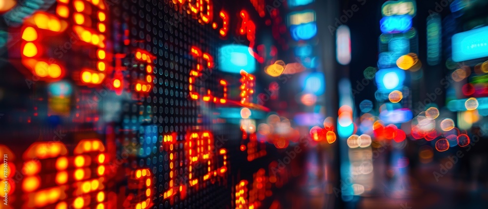 Stock market tickers around the globe, night view, detailed close-up ...