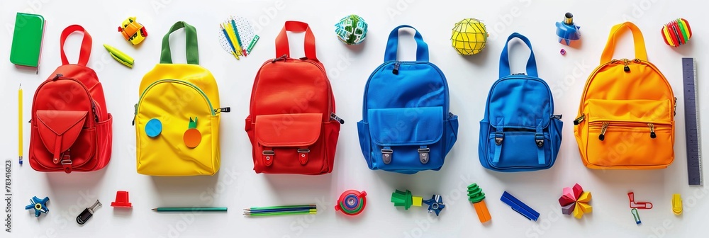 Set of backpacks featuring a banner design and colorful school ...