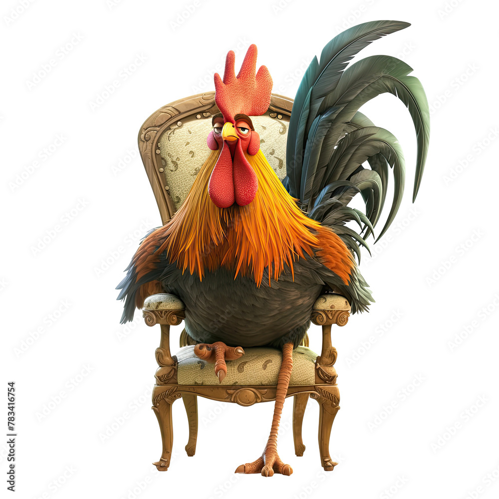 Cartoon rooster perched on high backed chair looking perplexed isolated ...