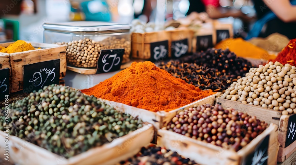aromatic spices shop or a supermarket spice section with empty price or ...