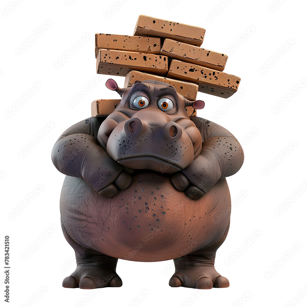 Clumsy cartoon hippo trying to balance stack of large bricks on its ...