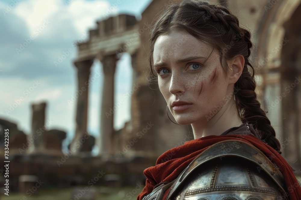Determined warrior woman in ancient Roman armor standing before ...