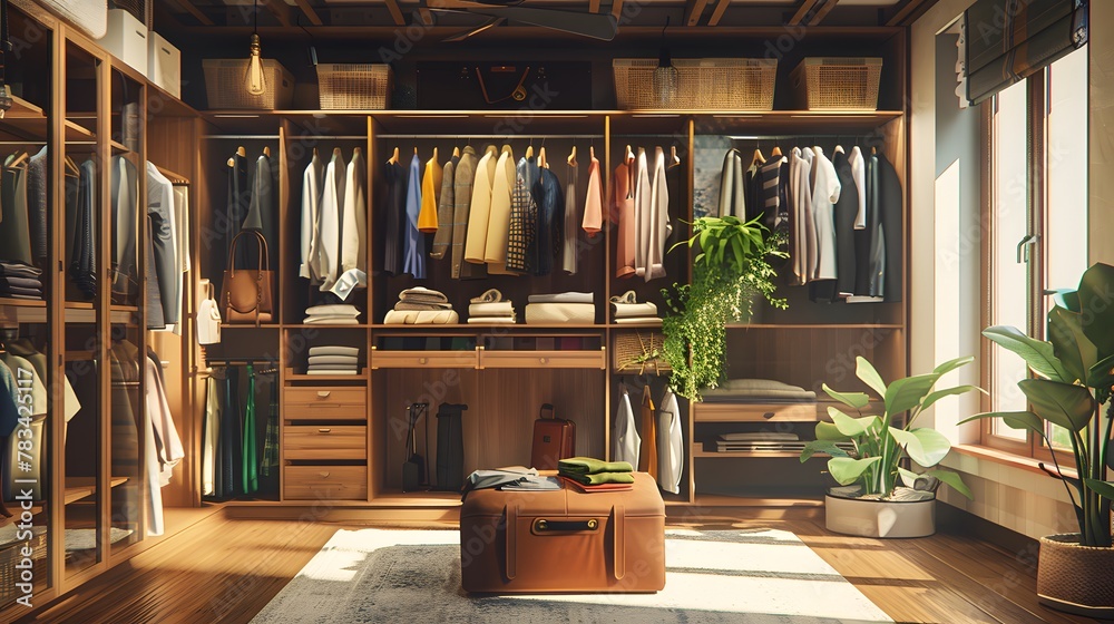 interior wide shot banner of walk in closet dressing up room with ...