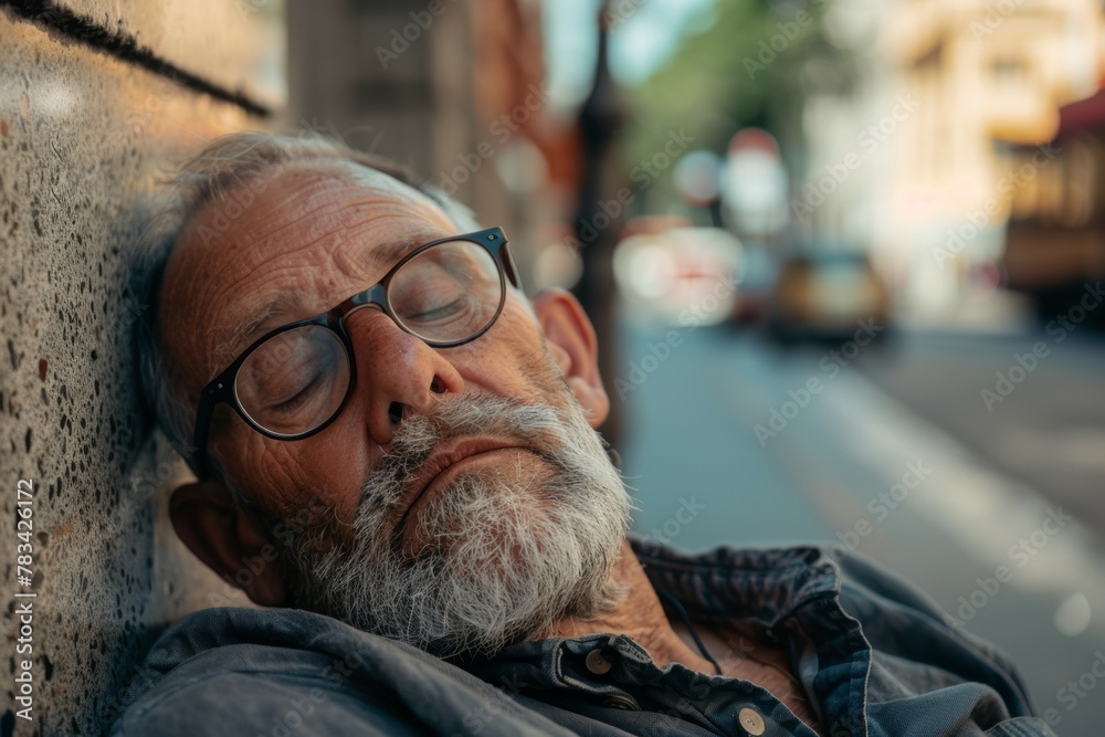 Senior or old man tired of summer heat. Background with selective focus ...