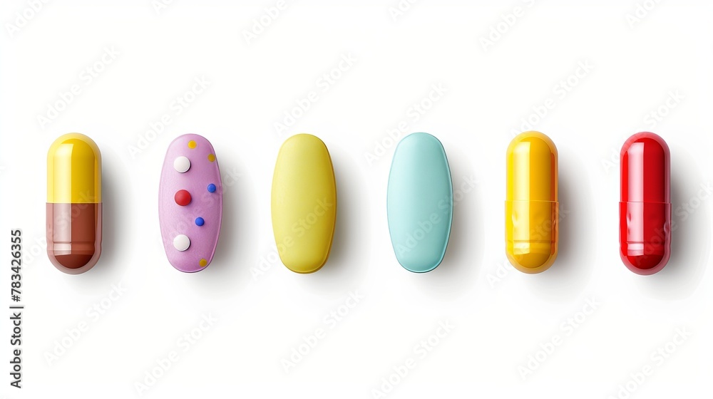 A collection of various pills arranged neatly in a row, isolated ...