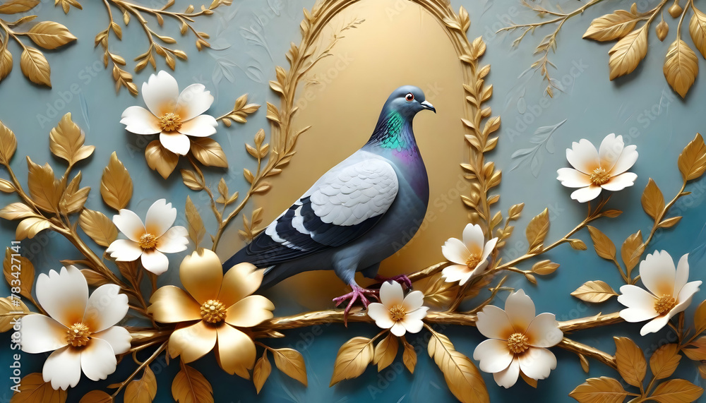 A detailed illustration of a pigeon encased in a beautifully crafted ...