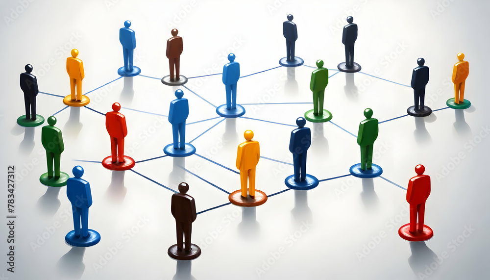 Illustration of multiple figures connected by blue lines, representing ...