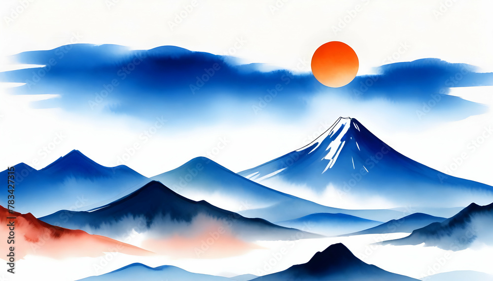 Traditional Japanese watercolor painting of the iconic Mount Fuji with ...