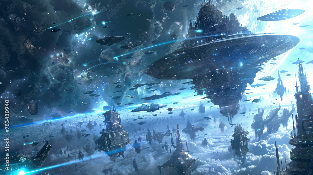 Concept art of an alien space city with spaceships and blue light. AI ...