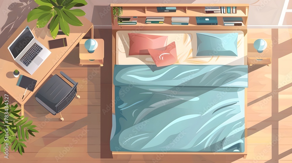 Top view of bedroom interior with bed, desk with laptop, bookcases and ...