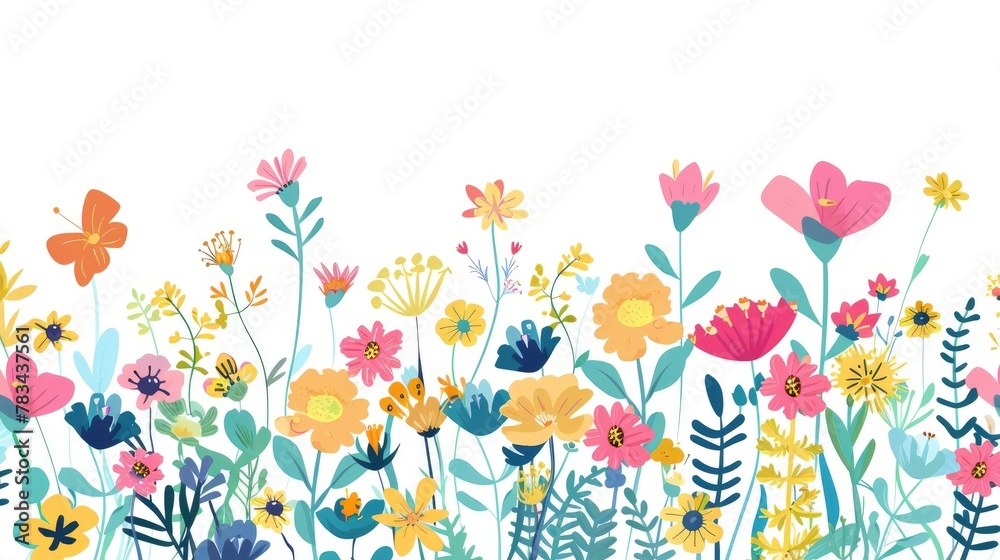Spring colorful flowers border with white background illustration, clip ...