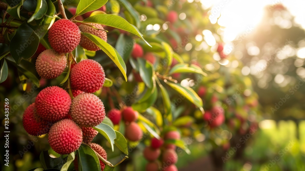 Commercial lychee orchard cultivation and harvesting. Ripe lychee ...