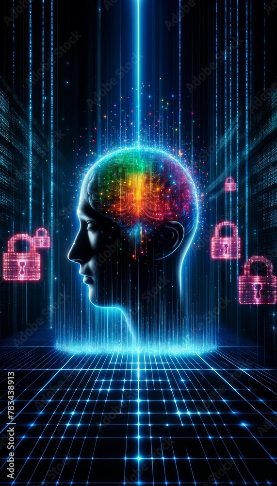 Neon-Infused Brain Profile with Cybersecurity Locks in Digital Space ...