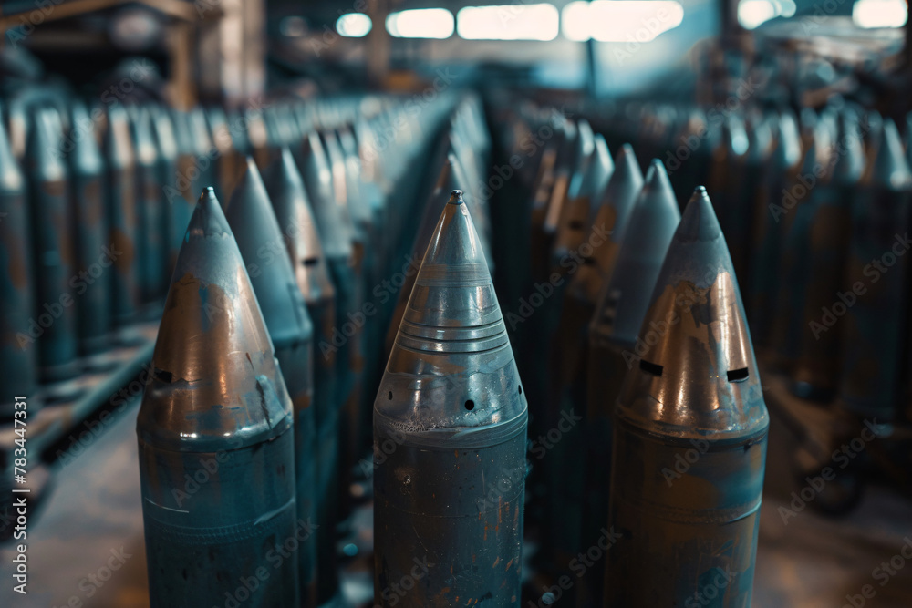 Diminishing rows of artillery shells in a munitions depot Stock ...