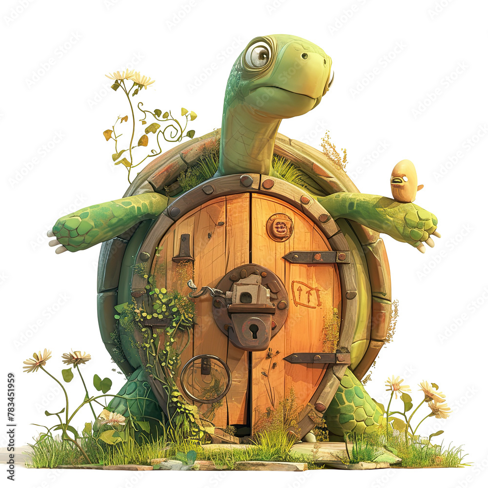 Cartoon turtle working hard to crack a giant lock in an enchanted ...