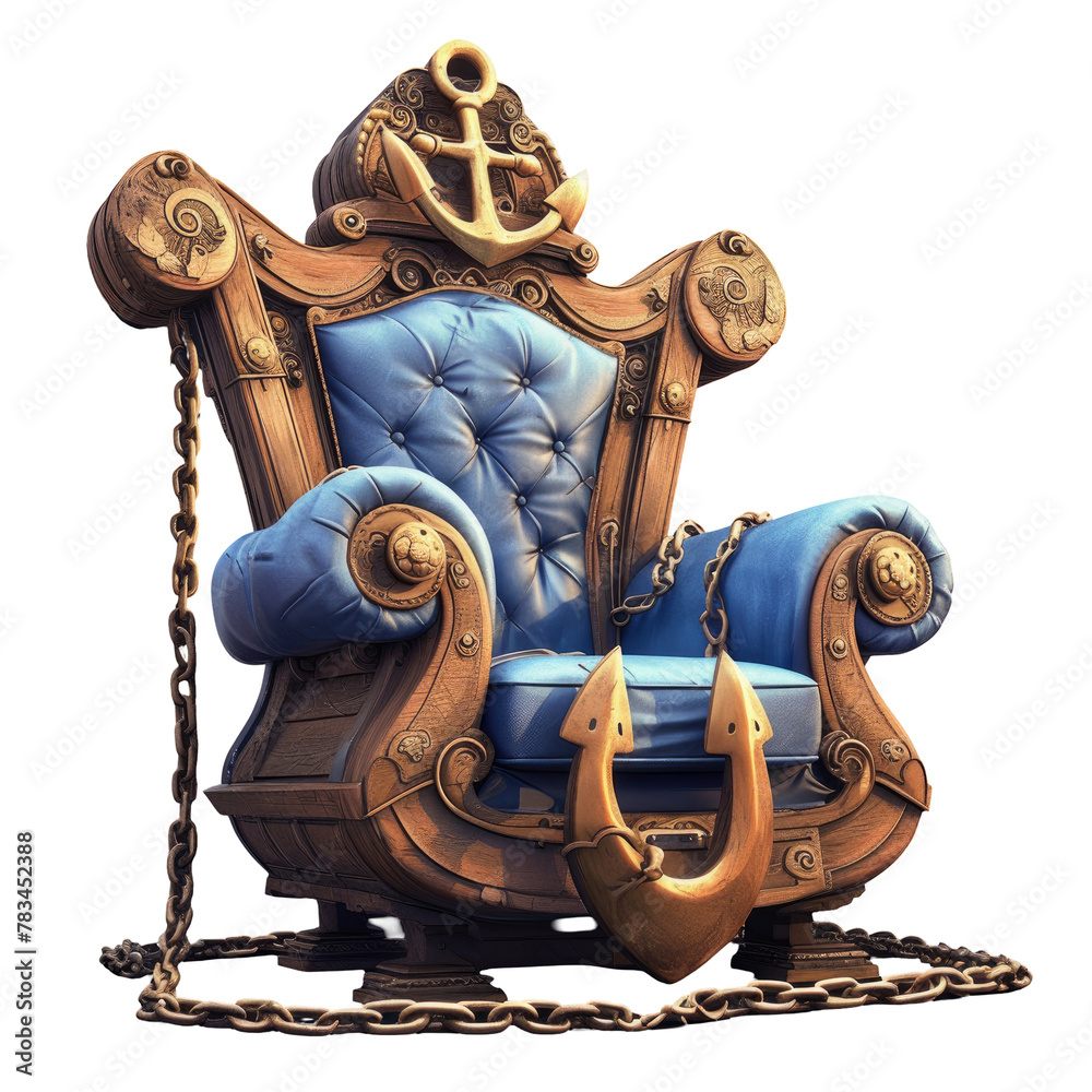 Blue chair close-up adorned with a gold anchor, while a cartoon ...