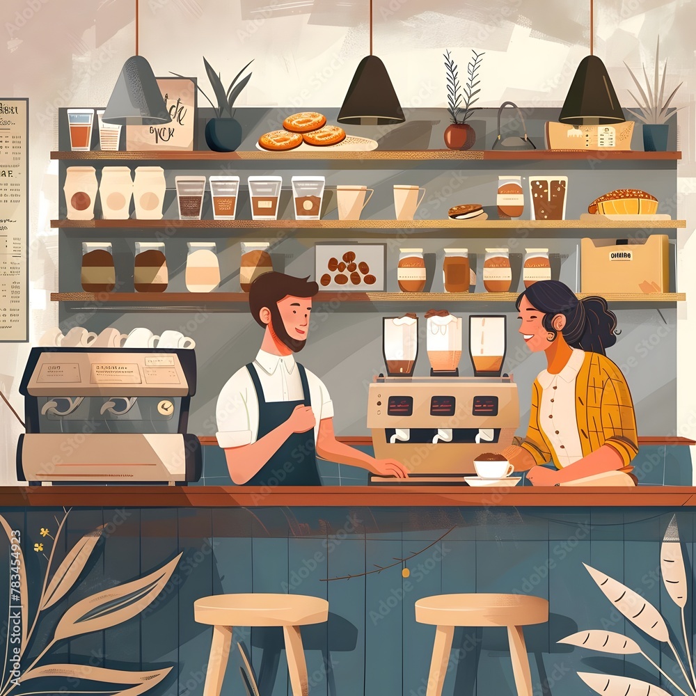 An illustration depicting coffee shop management by two collaborative ...