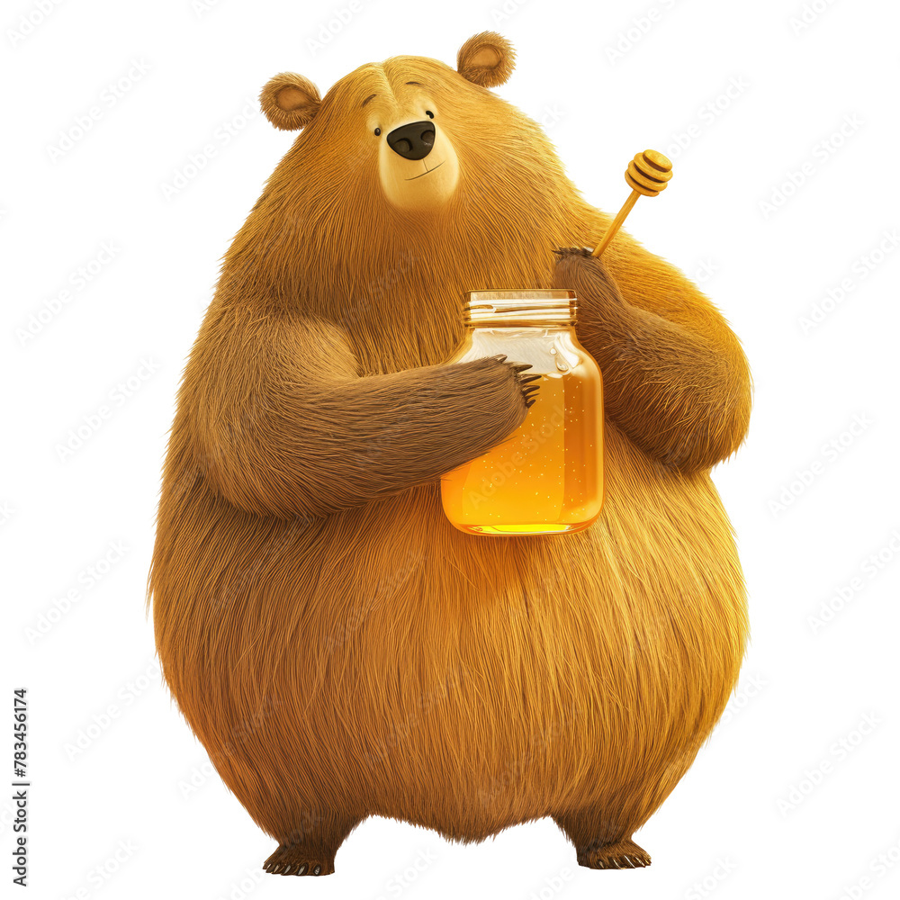 Brave cartoon bear in action, labeling its honey jars with care ...