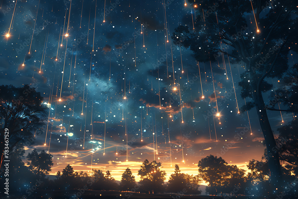 A mesmerizing starfall with falling stars streaking across the night ...