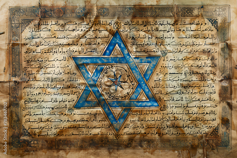 Old paper page from ancient torah book with blue Star of David. Judaism ...