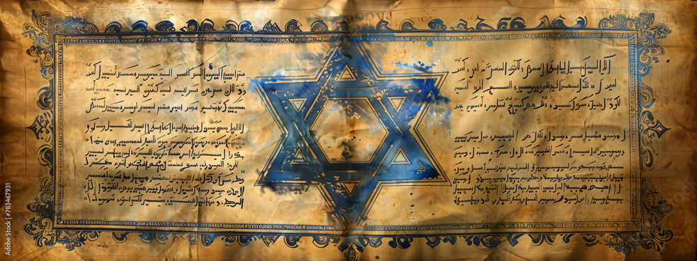 Old paper page from ancient torah book with blue Star of David. Judaism ...