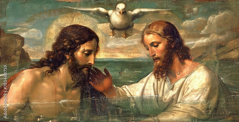 Holy ritual: baptism of Jesus - John the baptist administers the sacred ...