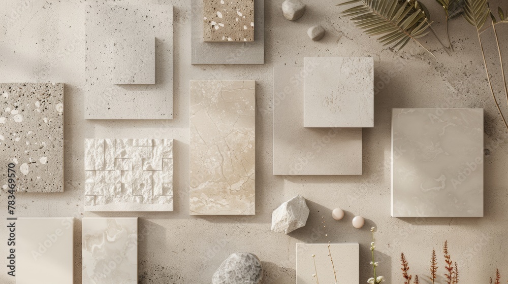 a material moodboard with square swatches, pine wood, light pine wood ...