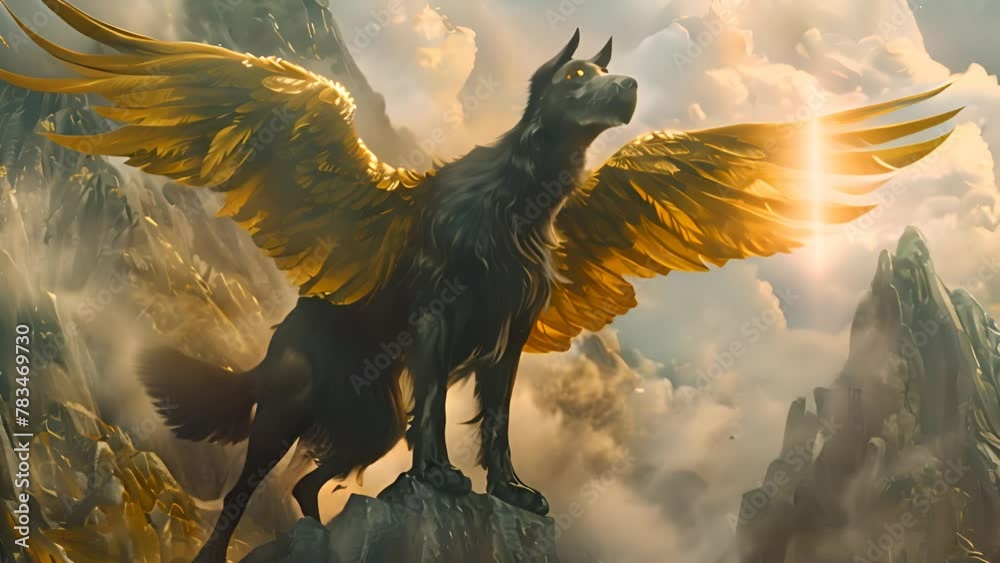 Majestic Winged Black Dog in Fantasy Landscape with Ai generated. Stock ...