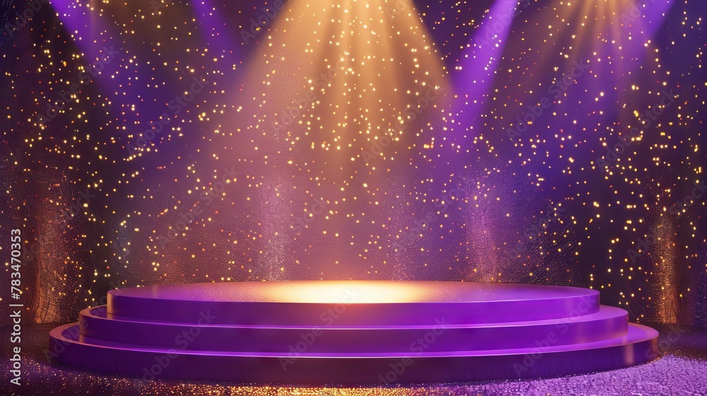 purple podium product stage with spotlight and golden glitter ...