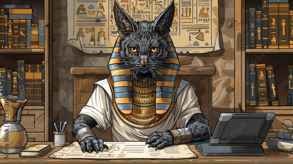 Cat Pharaoh in Ancient Egyptian Office, Cartoon Vector Illustration ...