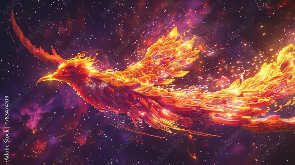 Depict a fierce phoenix soaring through the cosmic expanse, its fiery ...