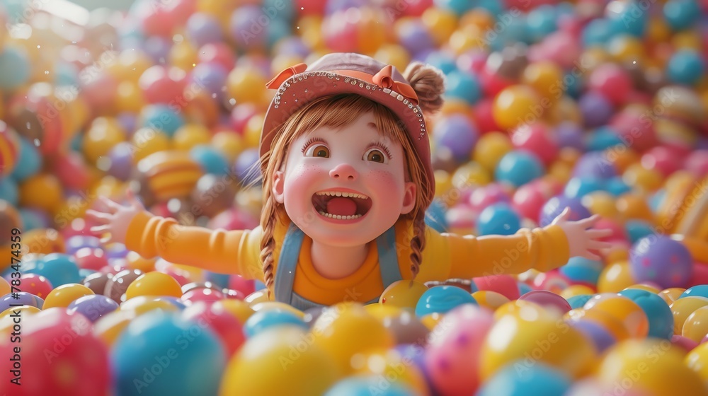 3D chubbi girl cartoon, delighted by colorful jelly beans, whimsical ...
