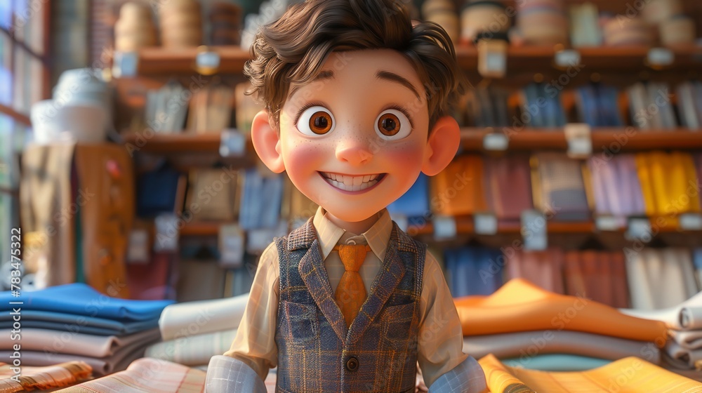 Animated 3D tailor fitting a costume for a delighted child, fabric ...