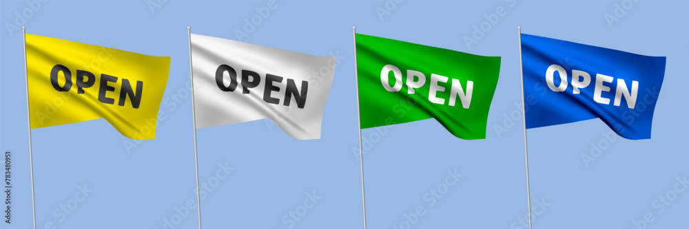 Color vector flags with OPEN text. A set of wavy 3D flags with ...