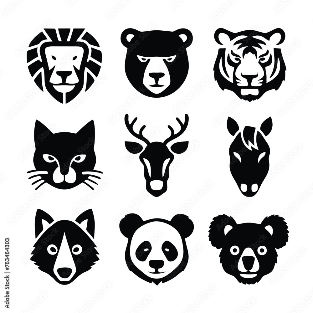 A set of nine icon illustration of a unique animal concept. lion, bear ...