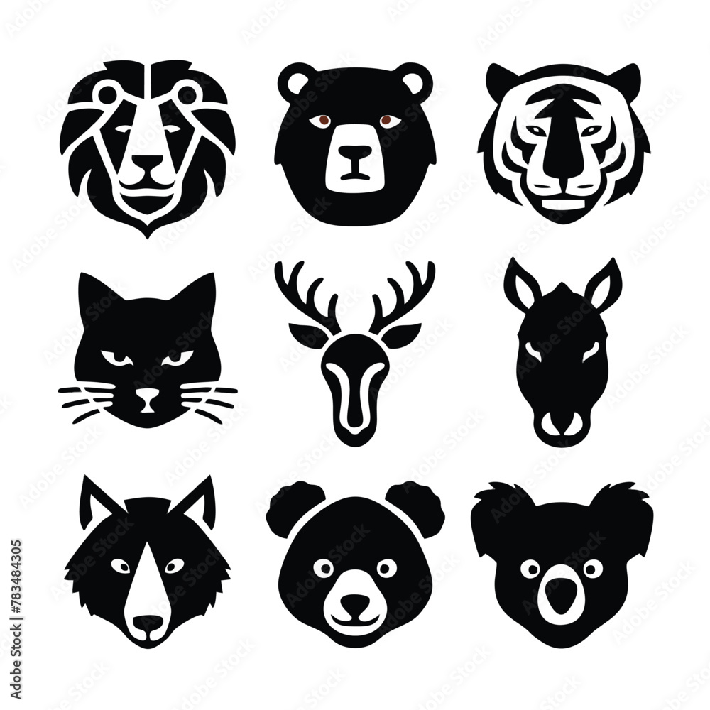 A set of nine icon illustration of a unique animal concept. lion, bear ...