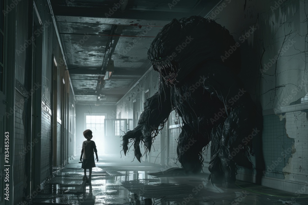 Child nightmare, A child standing near a scary monster in hallway ...