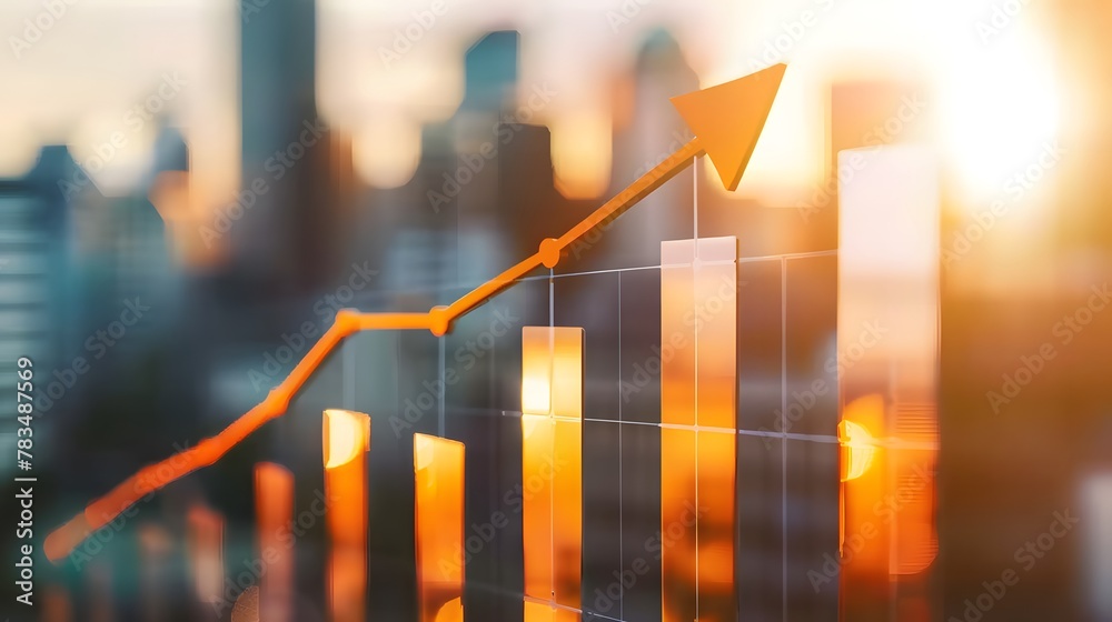 Business charts with arrows, a graph showing an upward trend in sales ...