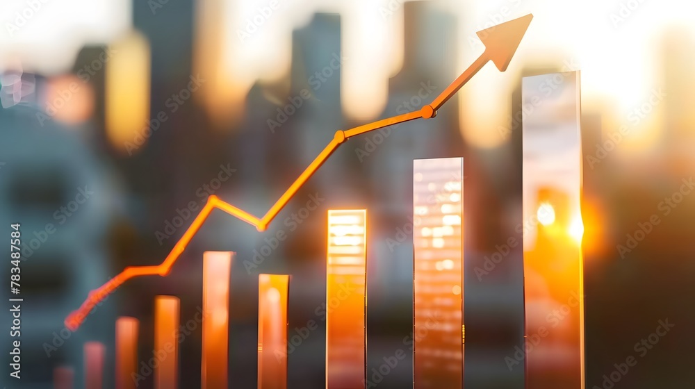 Business charts with arrows, a graph showing an upward trend in sales ...