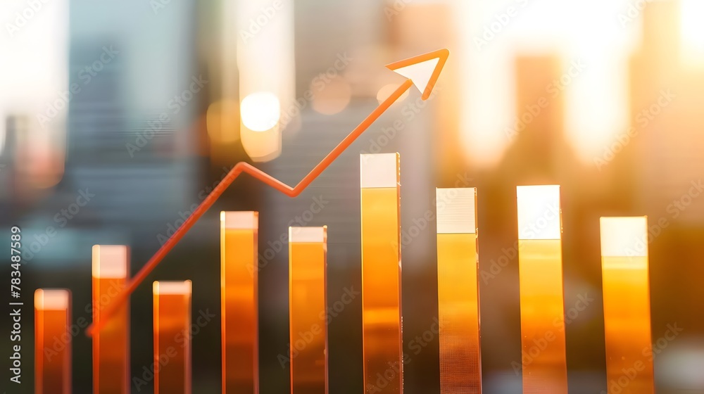 Business charts with arrows, a graph showing an upward trend in sales ...