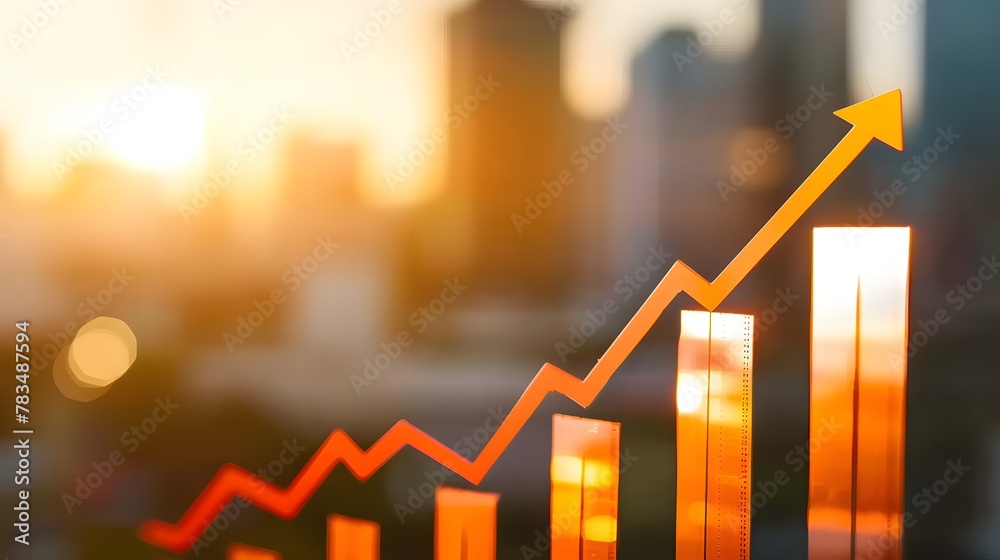 Business charts with arrows, a graph showing an upward trend in sales ...