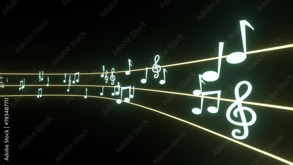 Illustration of musical notes running in a row on a black background ...