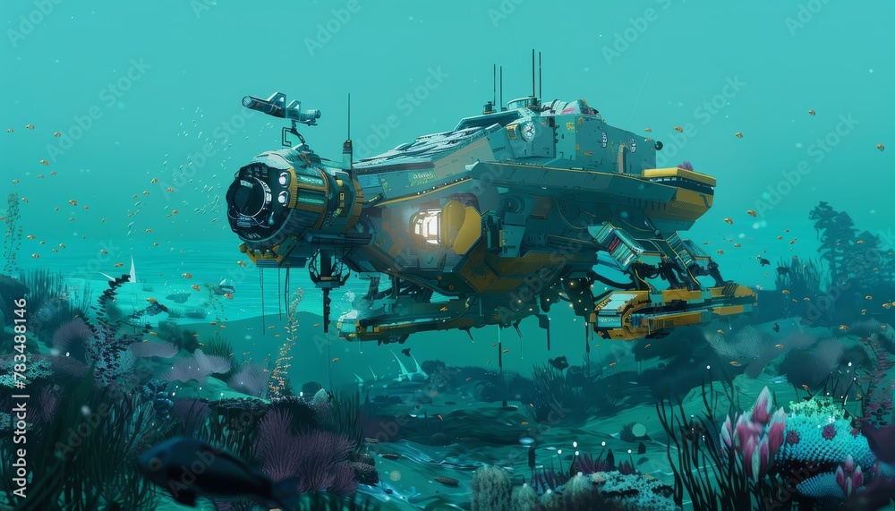 Visualize a pixel art rendition of a robotic explorer amidst whimsical ...
