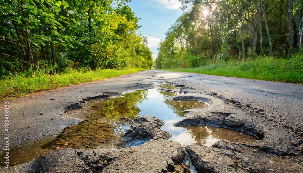 old backwoods paved road with lots of potholes with rain water pooling ...