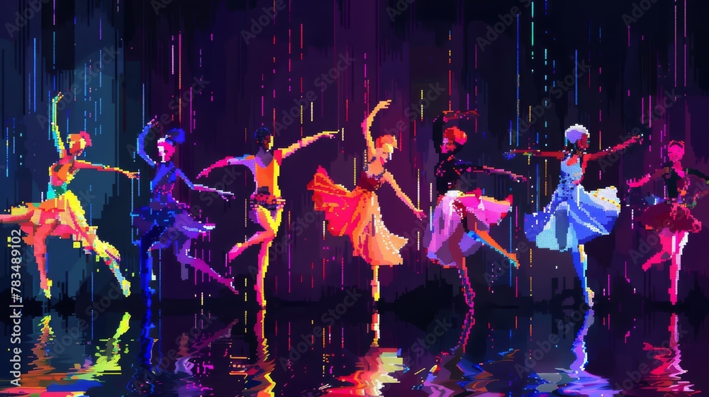 Illustrate the essence of different dance forms in a pixel art ...