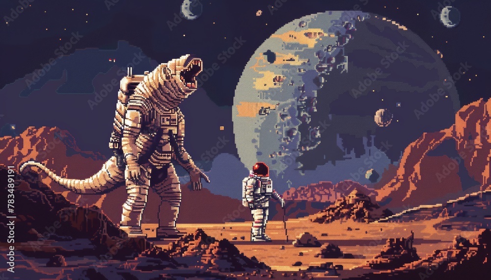 Illustrate a scene of astronauts encountering a comical alien creature ...