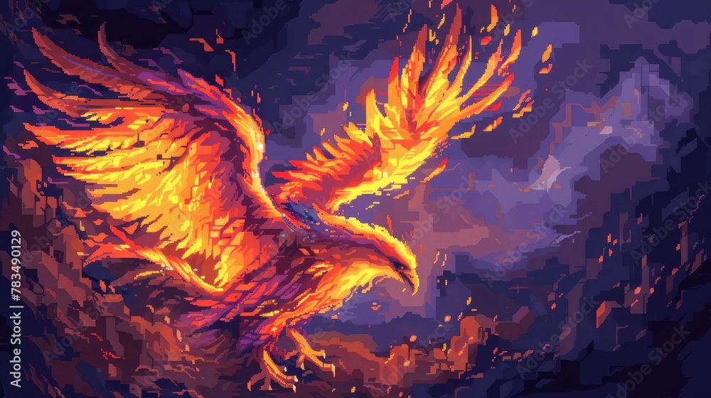 Craft a pixel art representation of a phoenix rising from the ashes at ...