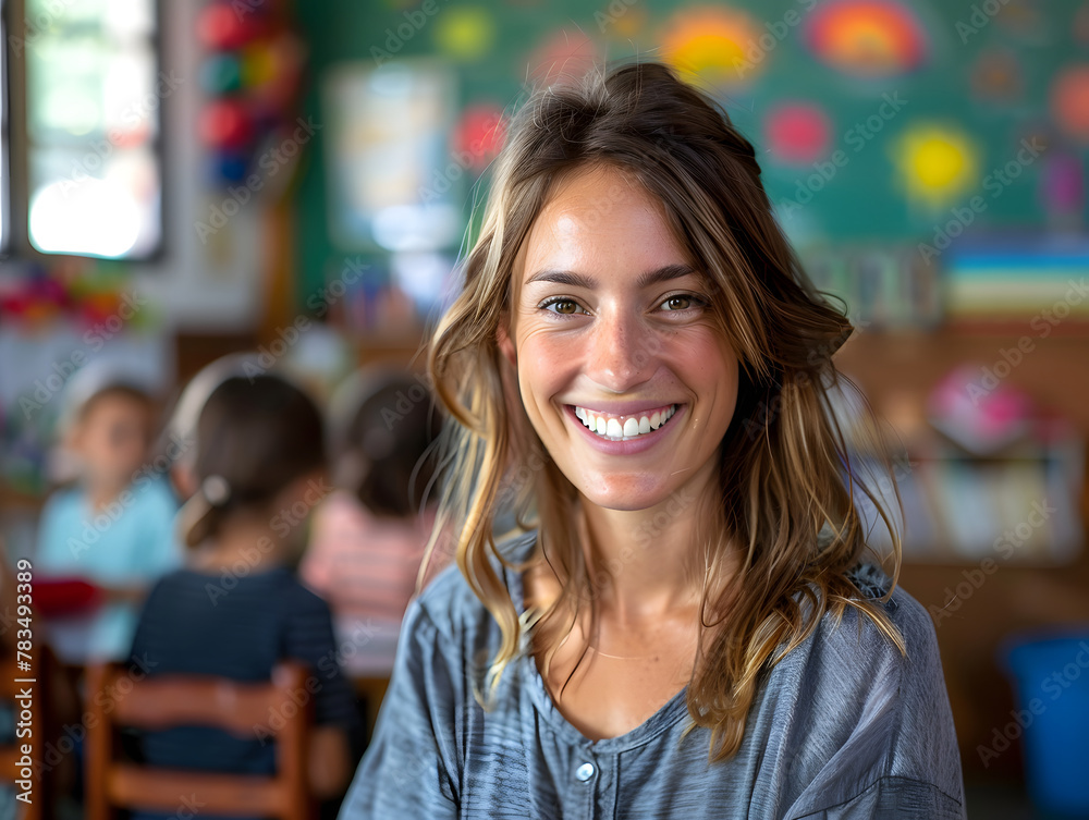 A woman teacher with glasses and her arms crossed, smiling in the class ...